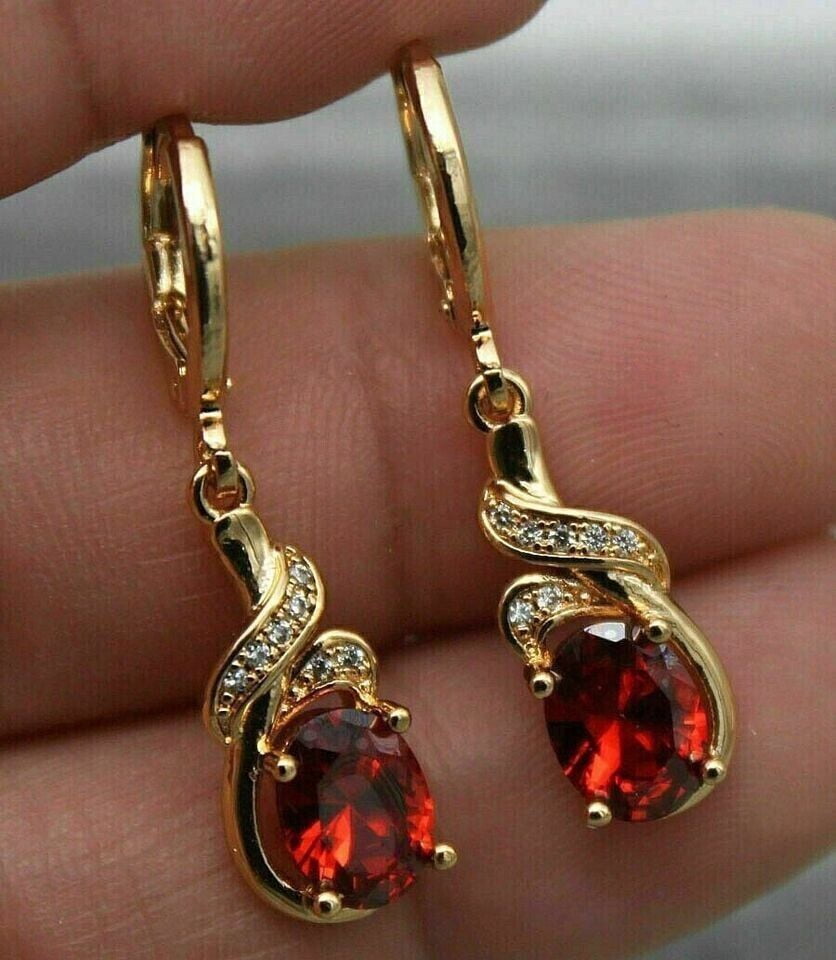 2.60Ct Oval Cut Simulated Diamond Red Garnet Drop Dangle Earrings 14k ...
