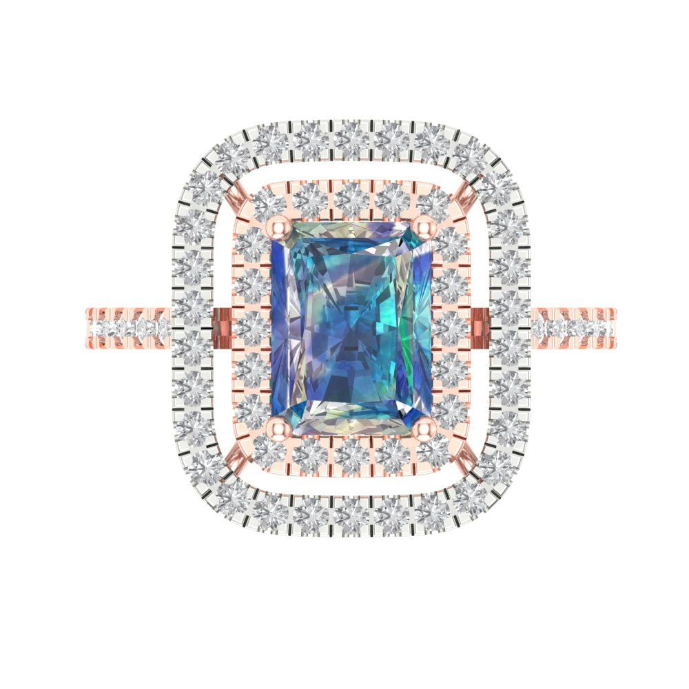 2.62 ct Emerald Cut Blue Moissanite with Simulated Diamond Halo Accents 18K Rose/White Gold ...