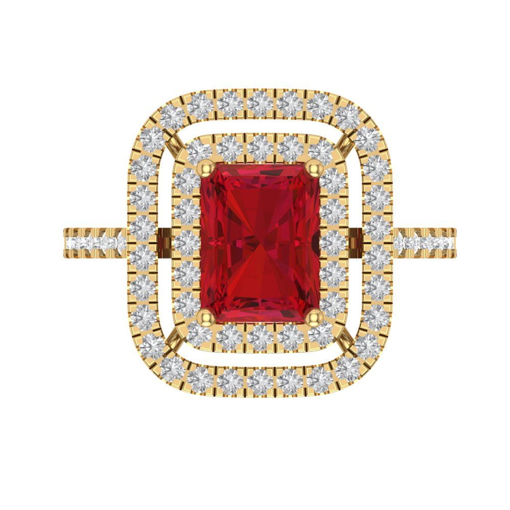 2.62 ct Emerald Cut Simulated Ruby with Simulated Diamond Halo Accents 18K Yellow Gold Womens ...