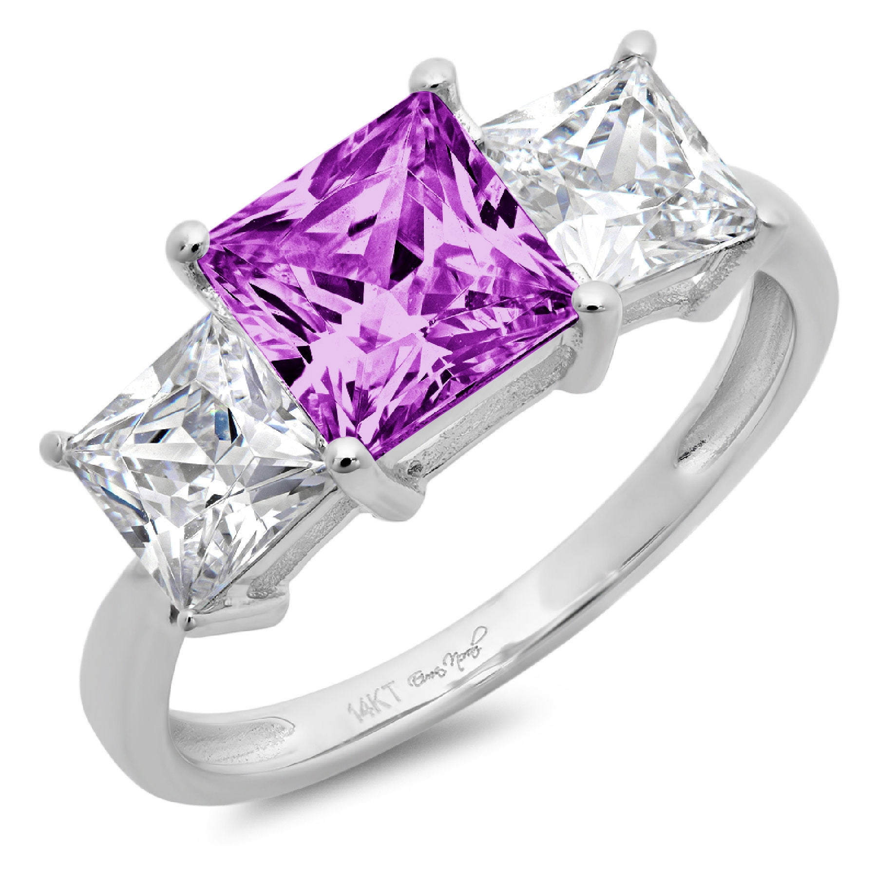 2.62ct Princess cut - Three- Stone - VVS1 Simulated Alexandrite - 14k White Gold - Bridal ...