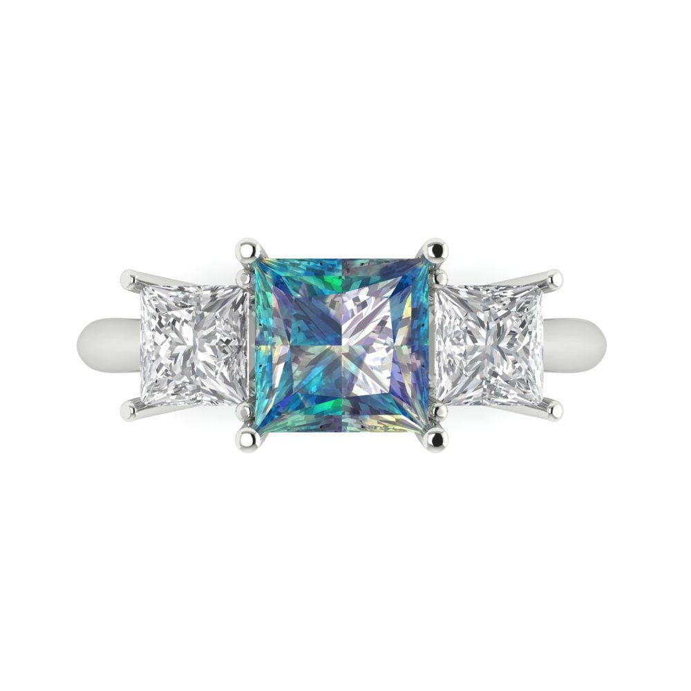 2.5 ct Princess Cut Blue Moissanite 3 Stone 18K White Gold Womens ...