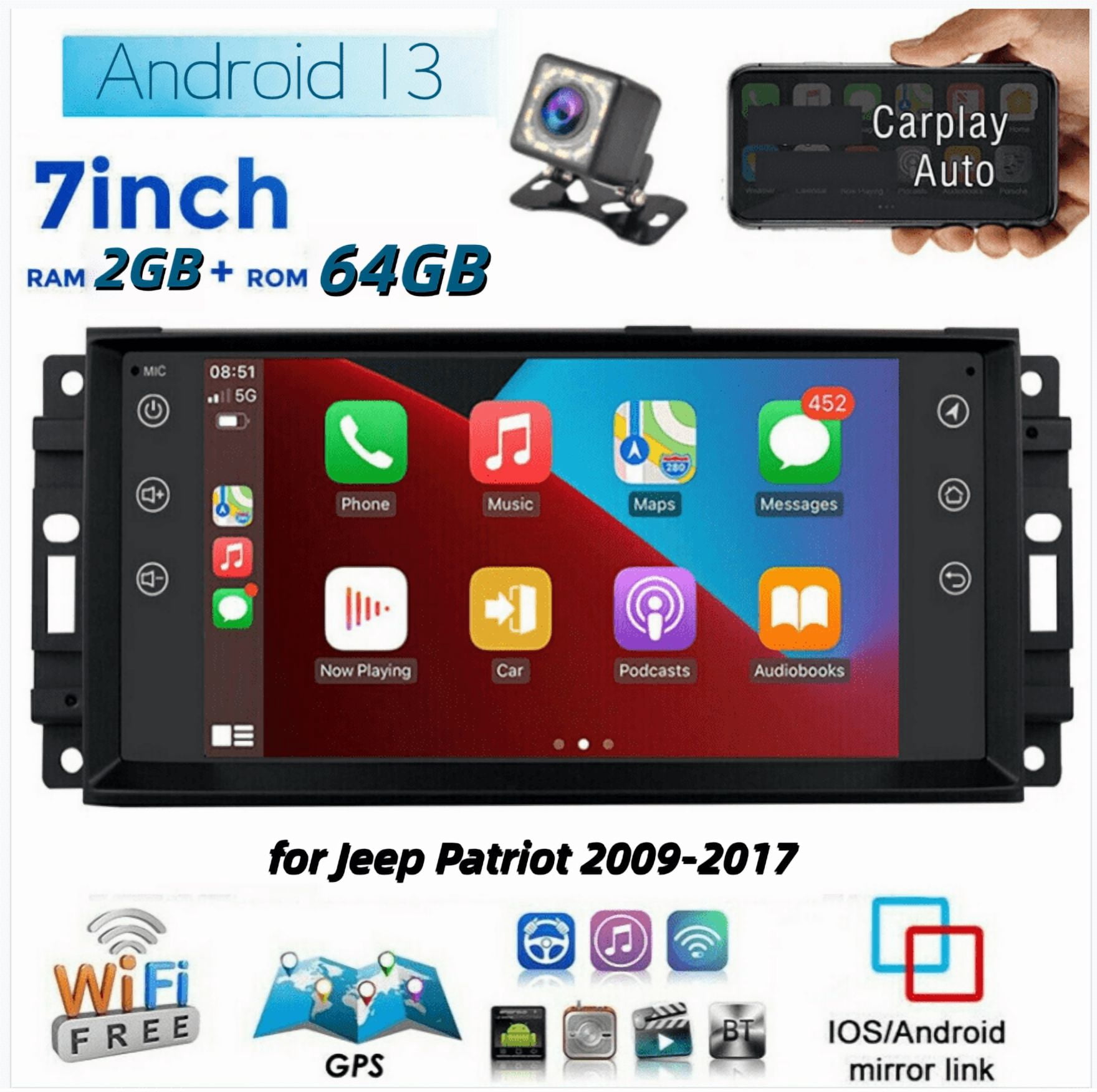 2+64G 7in Car Stereo Compatible for Jeep Patriot 2009-2017 with Carplay ...