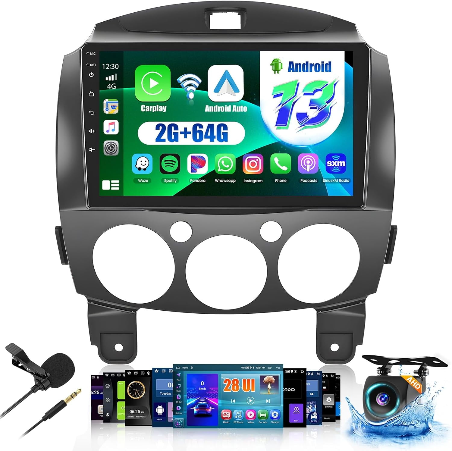 2+64G Android 13 CarPlay Car Stereo Radio for Mazda 2 2007-2014, 9'' HD ...