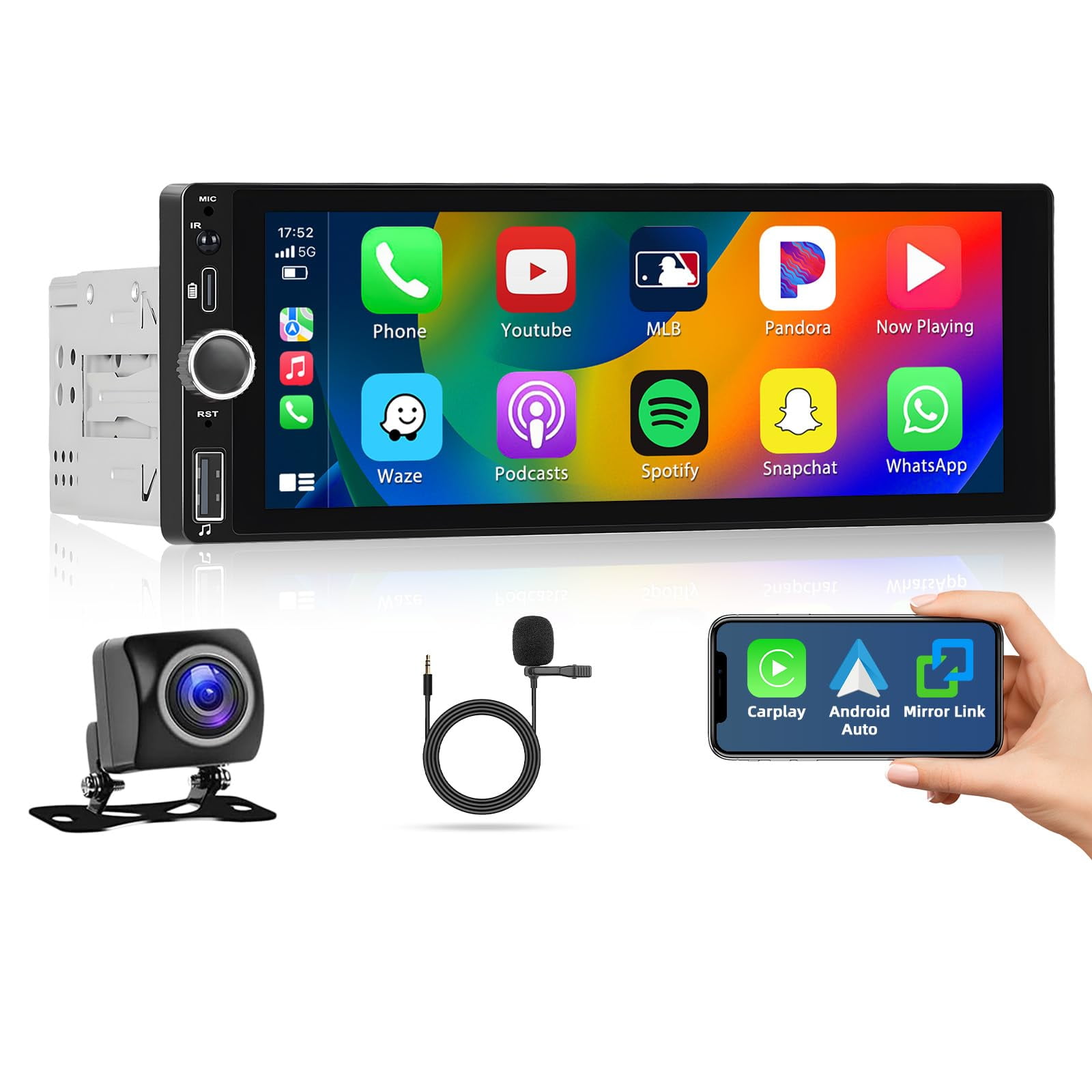 2+64G Android 13 Single Din Car Stereo with Wireless Apple Carplay 6.86 Inch Touchscreen Car ...
