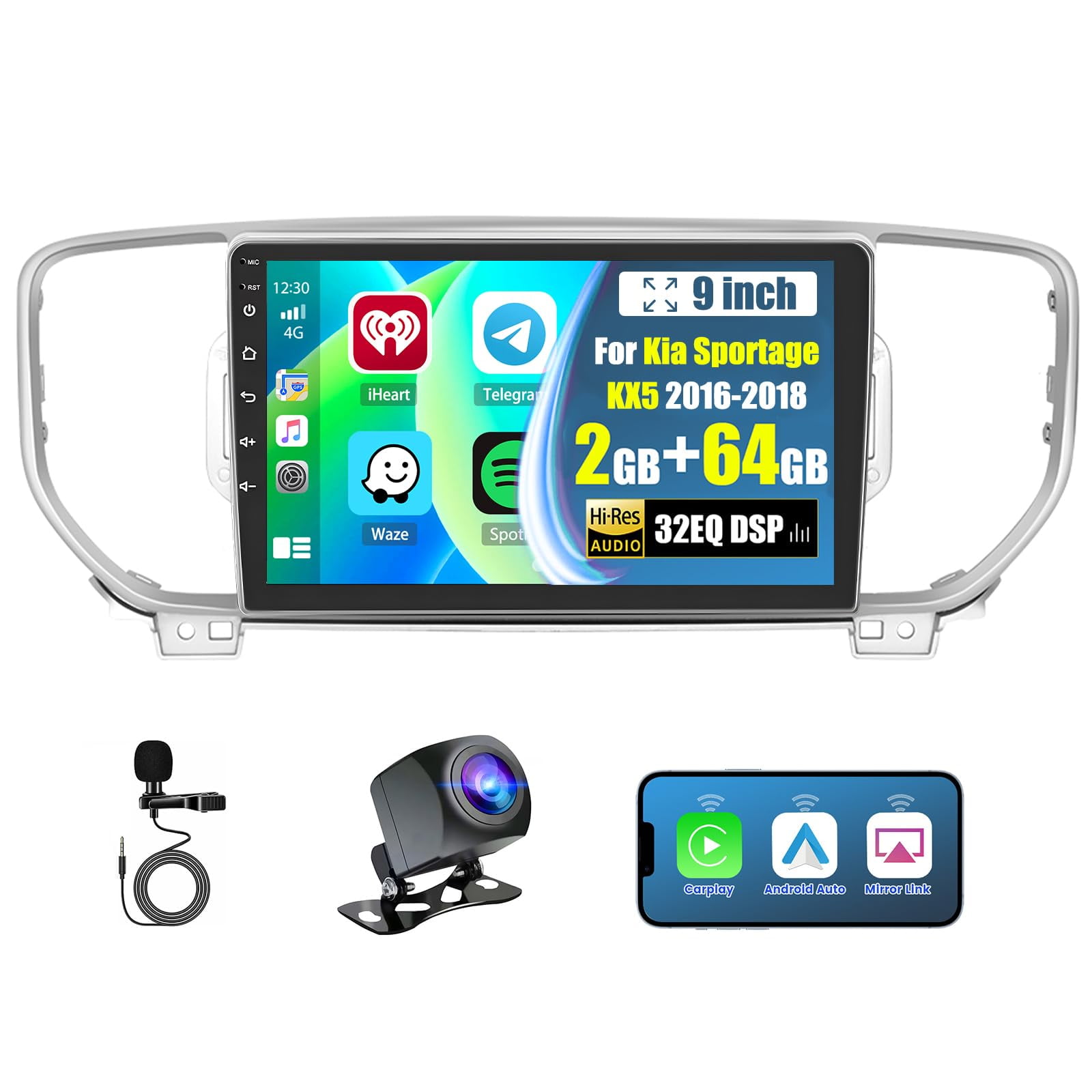 2+64G Android Car Radio for Kia Sportage KX5 2016 2017 2018, 9 Inch Touchscreen Radio Wireless ...