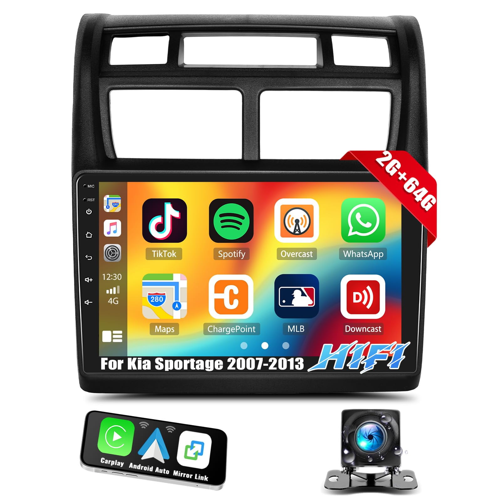 2+64G Car Stereo for Kia Sportage 2007-2013 with Wireless Carplay&Android Auto,9 Inch Touch ...