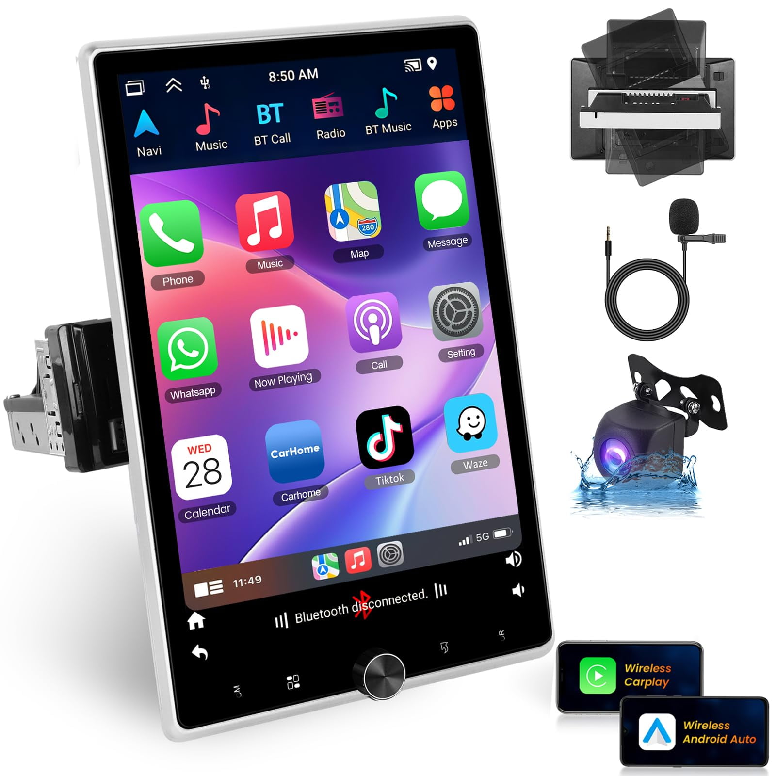 2+64G Motorized&HiFi Screen Single Din Car Radio Stereo 10.4" Android ...