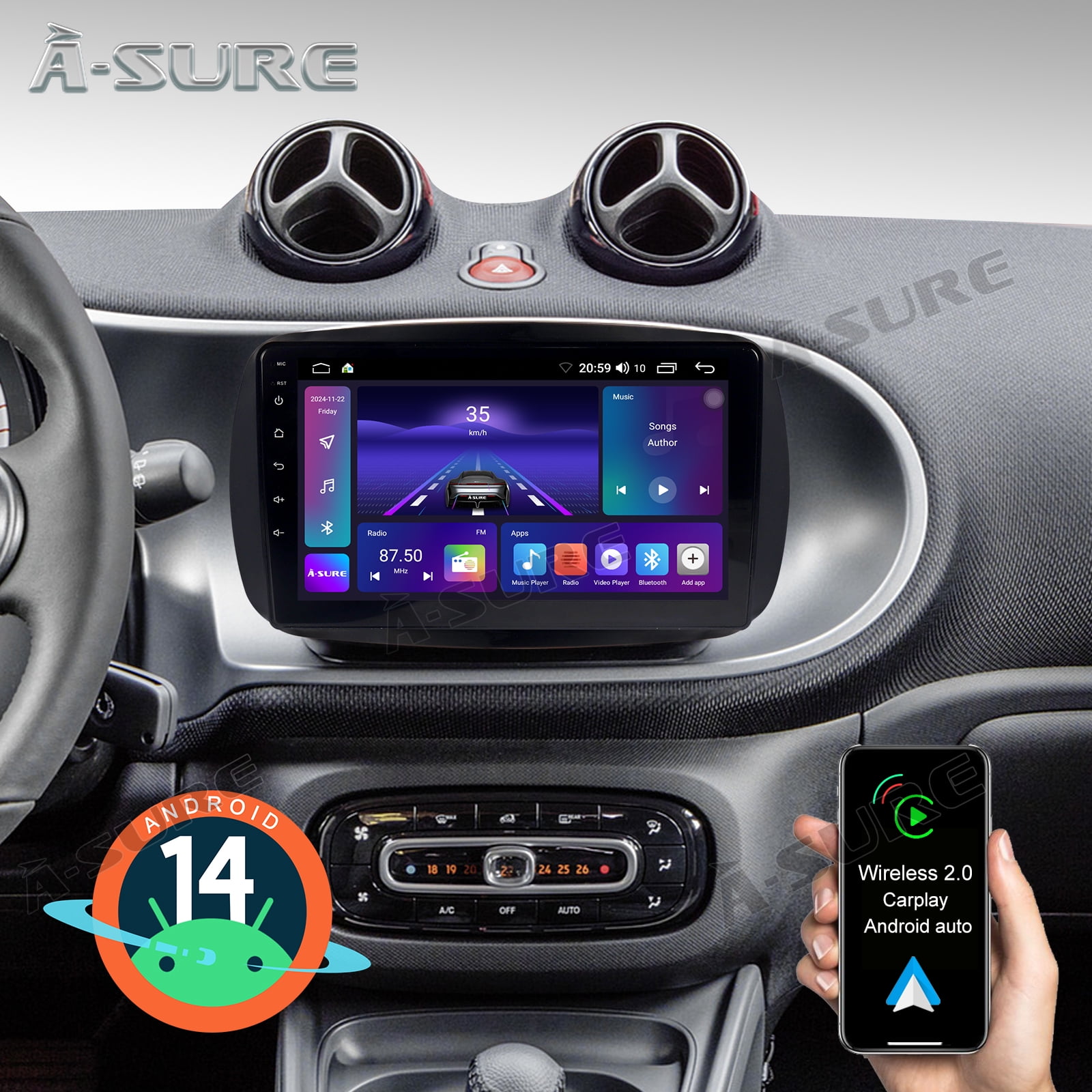 2+64GB Android 14 Car Radio Stereo for Smart Fortwo III Forfour 2014 ...