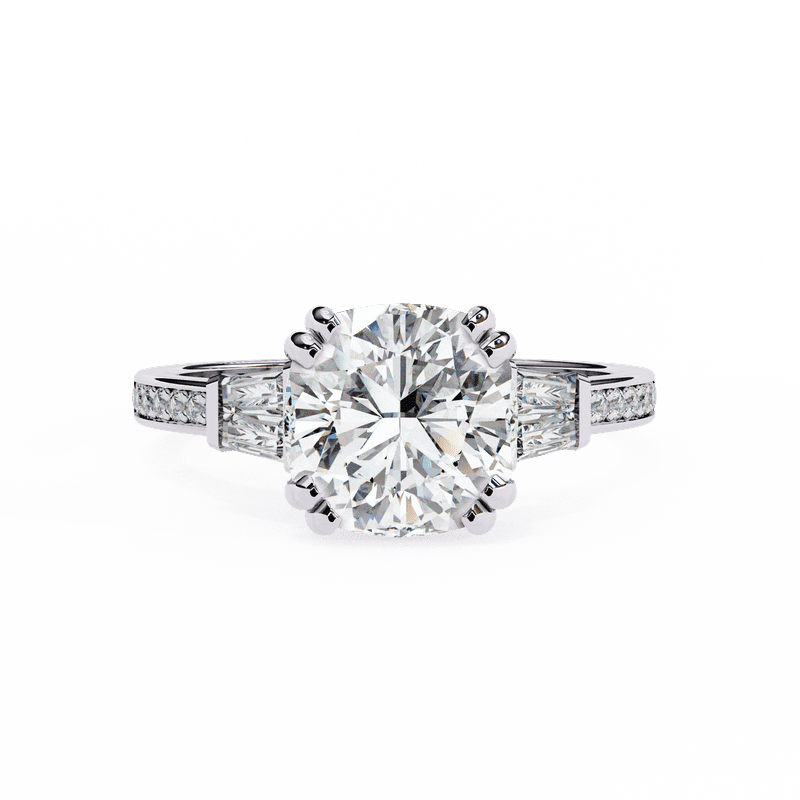 2.65 CT Cushion Shape Lab Grown Diamond Double Prong Wedding Ring, Side Baguette And Round ...