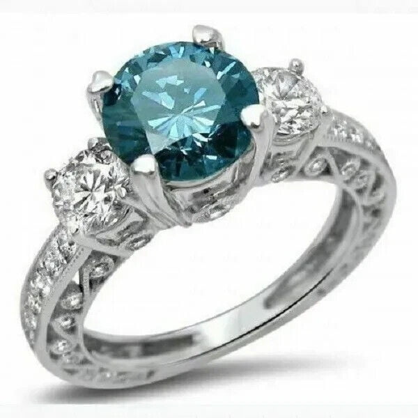 2.65Ct Round Cut Blue Diamond Three-Stone Engagement Ring 14k White ...