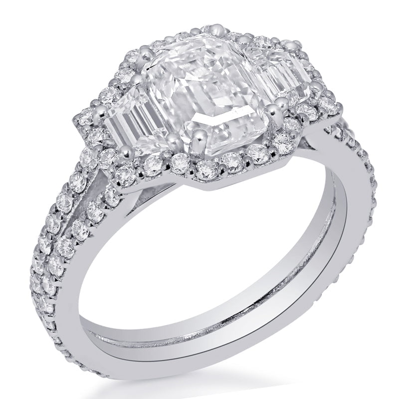 2.65ct Emerald Cut & Trapezoids Three Stone Diamond Engagement Ring ...