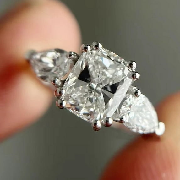 2.69 CT Cushion Side Pear Cut 3 Stone Lab Created Diamond Engagement ...