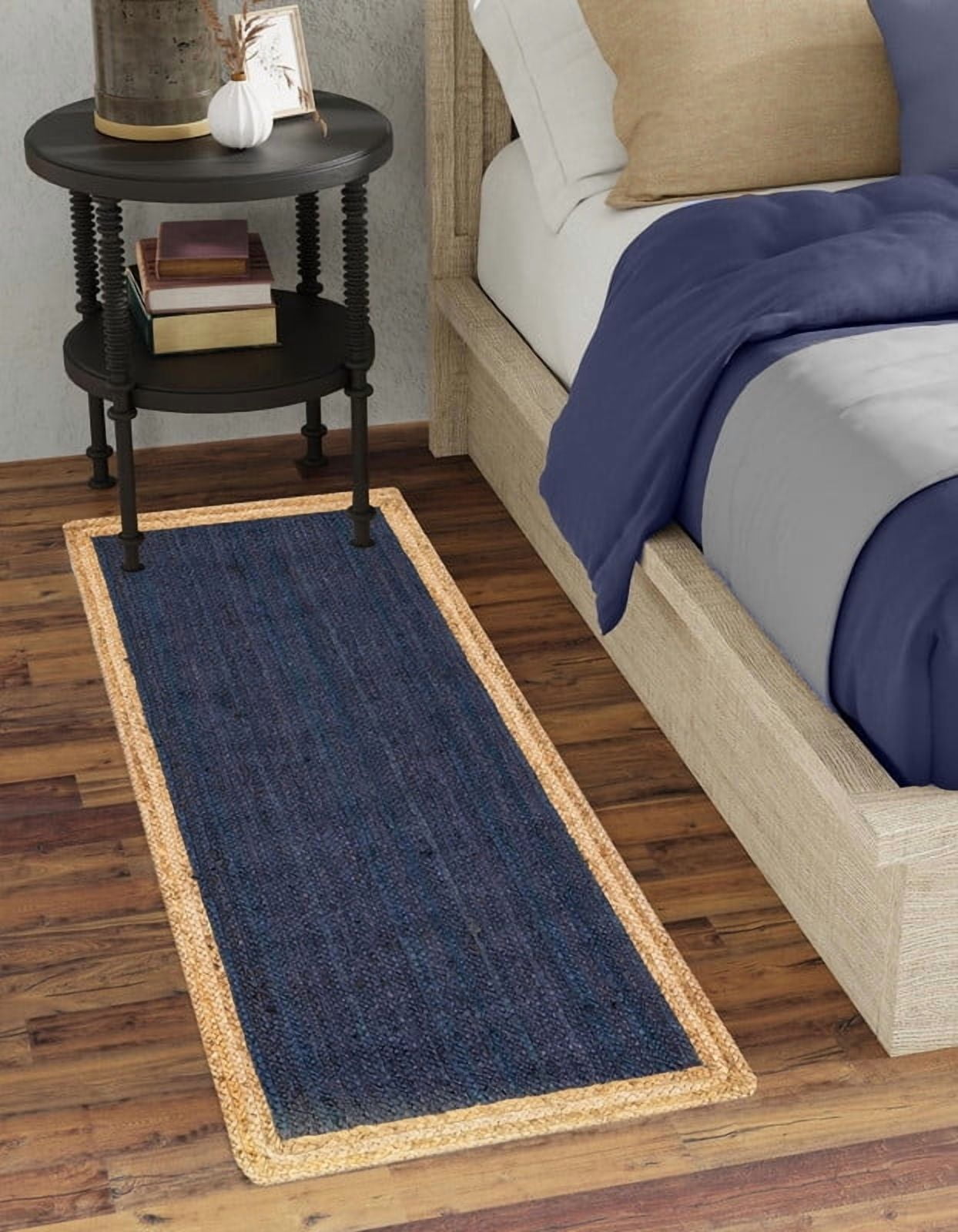2.6x10 Ft Inner Navy Blue Jute Area Rug | Handmade | Solid Farmhouse ...