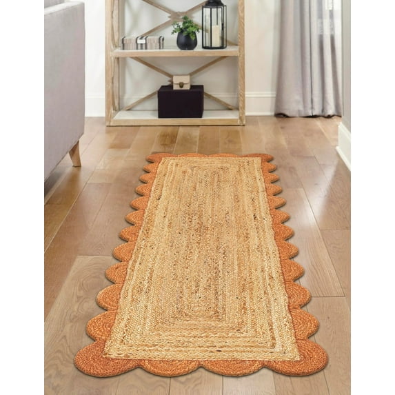 2.6x10 Ft Orange & Natural Jute Premium Scalloped Jute Rug ...