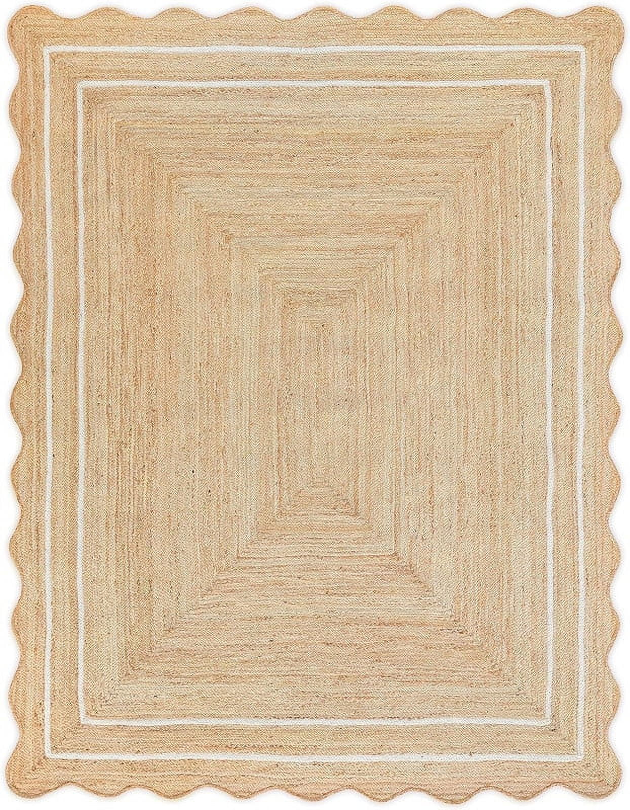 2.6x10 Ft White Border Premium Scalloped Jute Rug, Handcrafted Natural ...