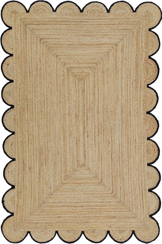 2.6x16 Ft Black Border Premium Scalloped Jute Rug, Handcrafted Natural ...
