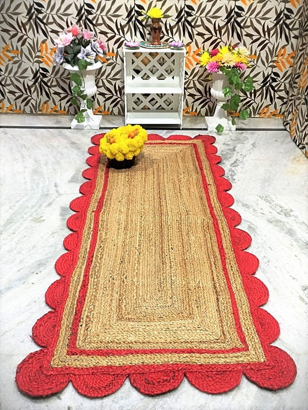 2.6x6 Ft Red & Natural Jute Premium Scalloped Jute Rug – Handcrafted ...