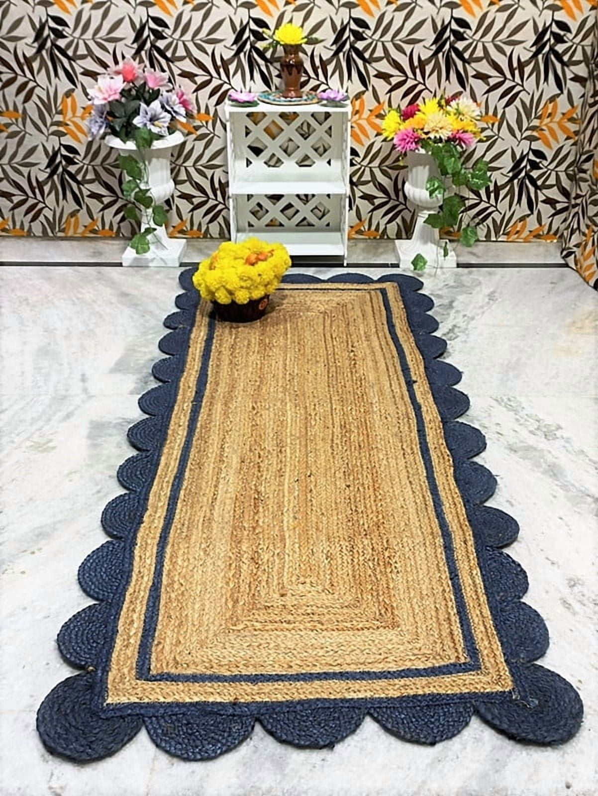 2.6x7 Ft Navy Blue & Natural Jute Premium Scalloped Jute Rug ...