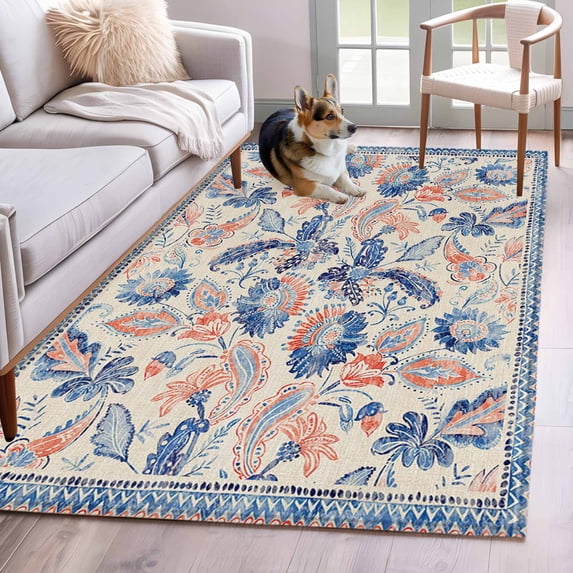 2.7'x5' Area Rugs, Blue Red Ethnic Indoor Outdoor Area Rug for Living ...