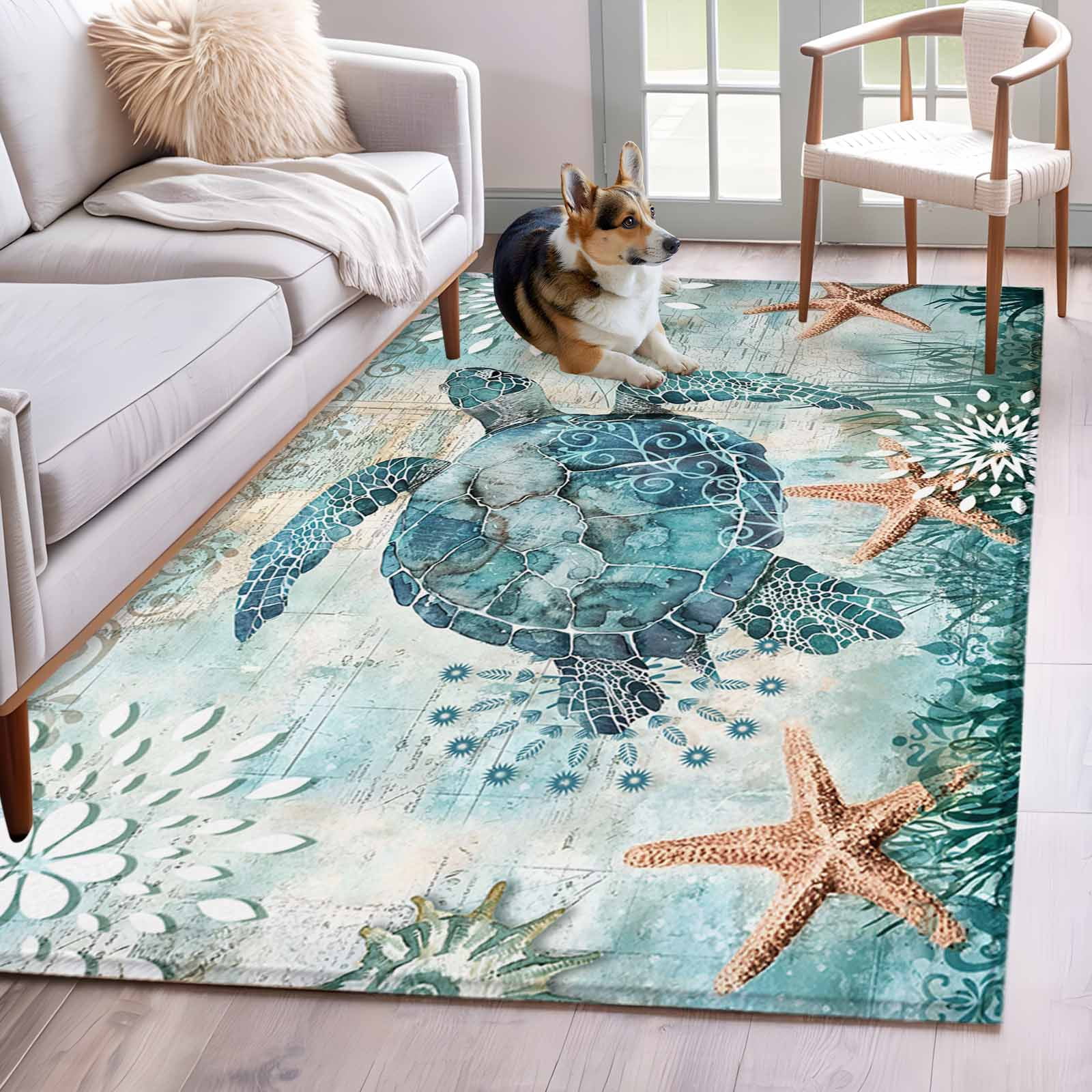 2.7'x5' Area Rugs, Coastal Sea Turtle Indoor Outdoor Area Rug for ...