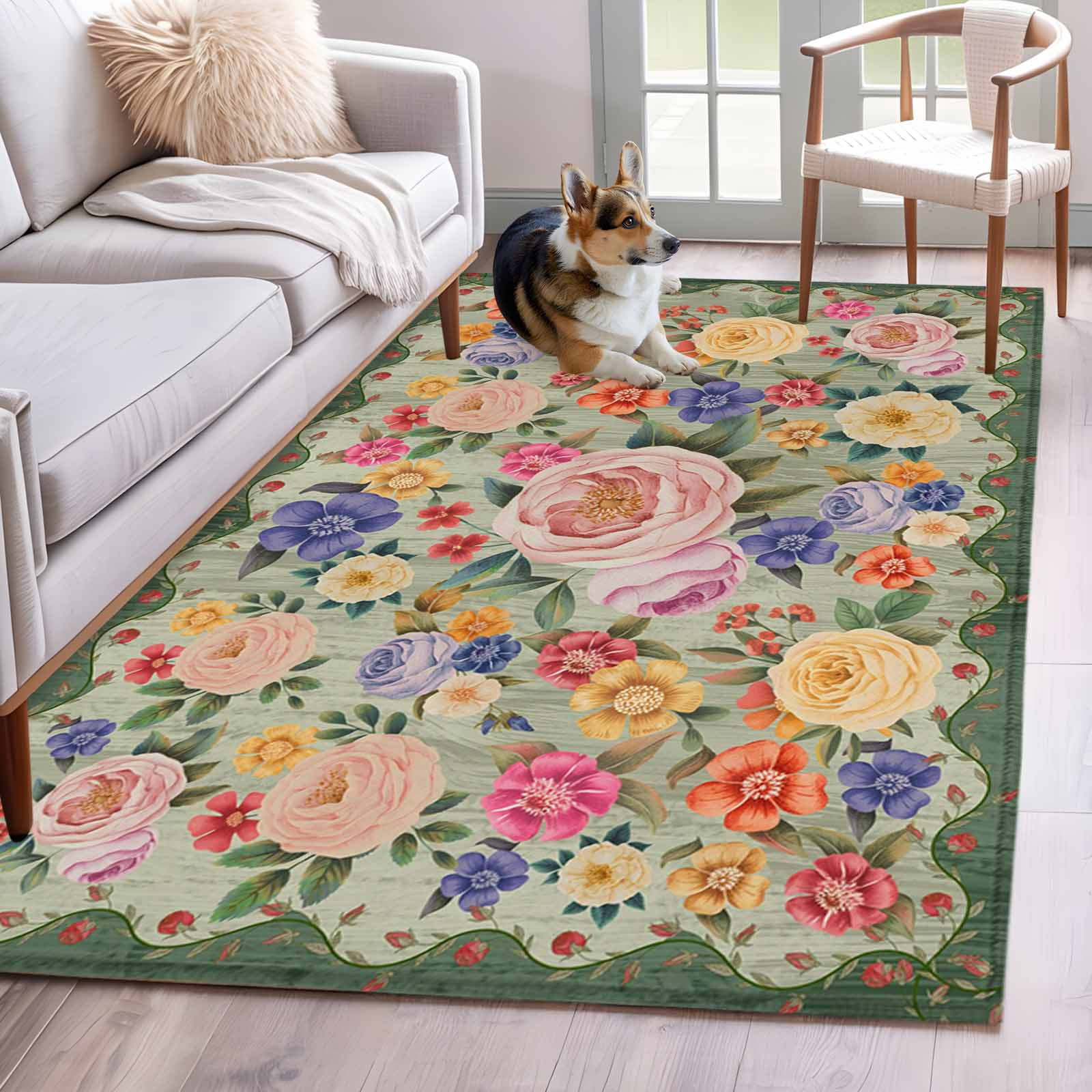 2.7'x5' Area Rugs, Green Boho Flower Indoor Outdoor Area Rug for Living ...