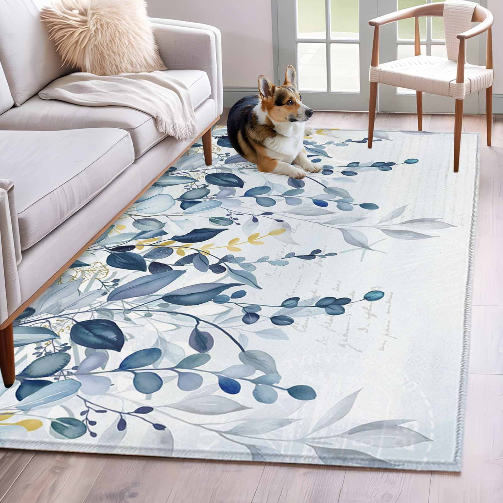 2.7'x5' Area Rugs, Navy Blue Eucalyptus Leaves Indoor Outdoor Area Rug ...