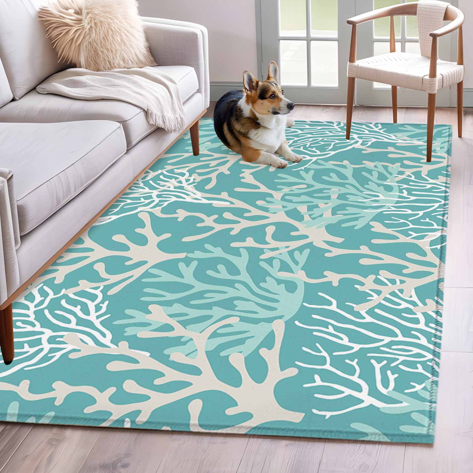 2.7'x5' Area Rugs, Teal Coral Coastal Indoor Outdoor Area Rug for ...