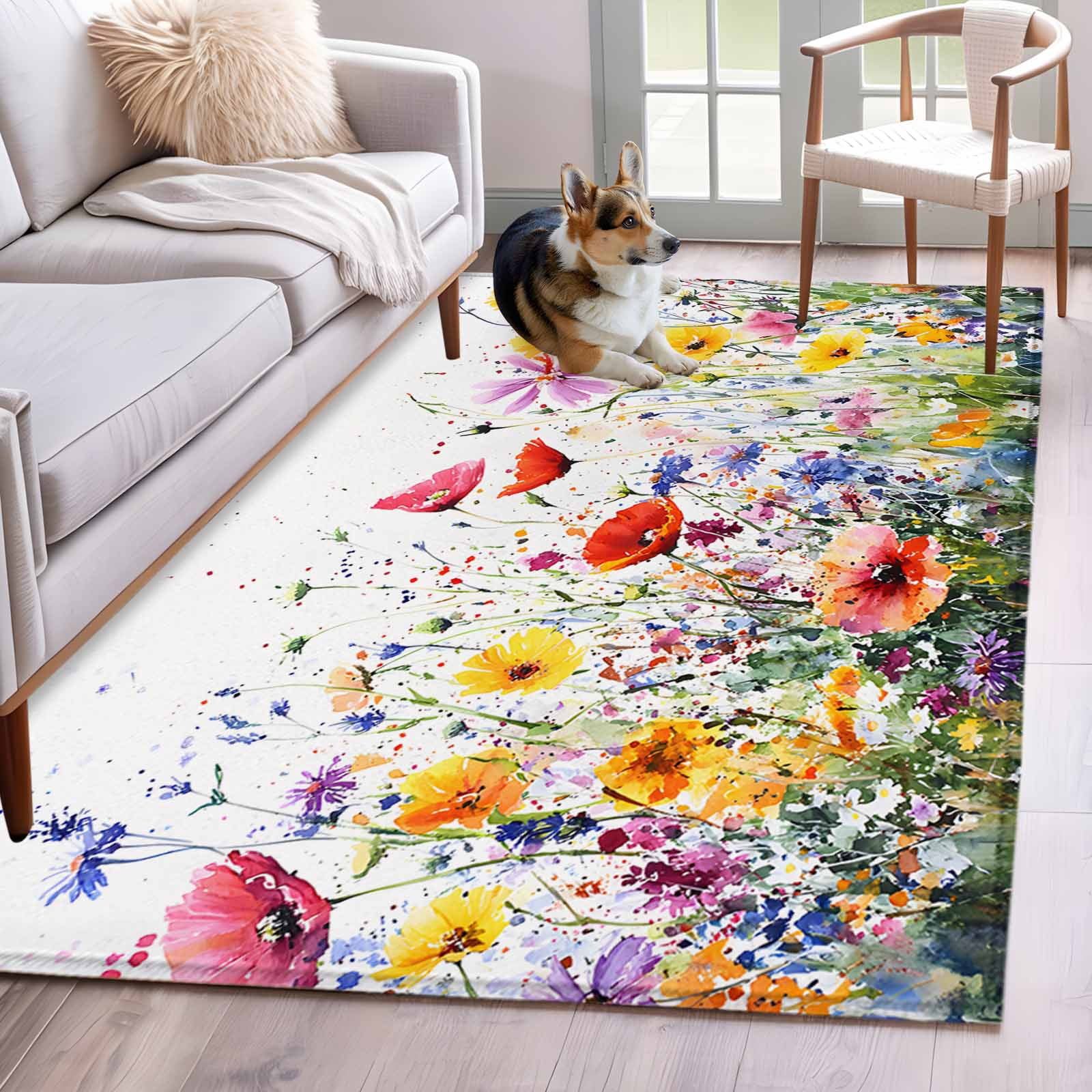 2.7'x5' Area Rugs, Watercolor Floral Spring Indoor Outdoor Area Rug for ...