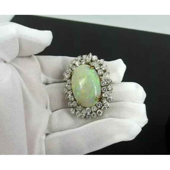 2.70Ct Oval Cut Lab Created Fire Opal/Diamond Vintage Brooch Pin In 14k ...