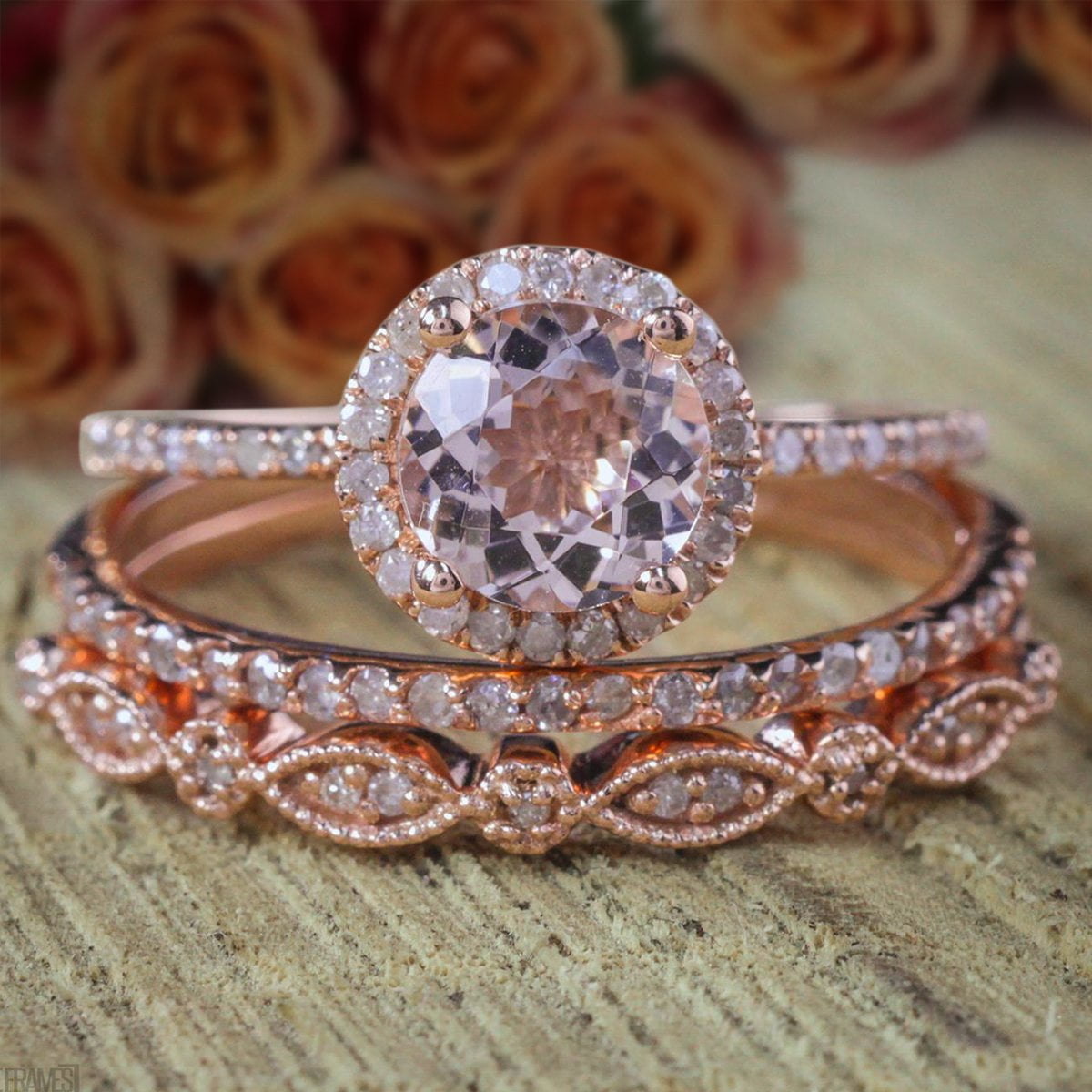 2.75 Carat 6mm Round Morganite and Diamond Moissanite Trio Ring Set ...