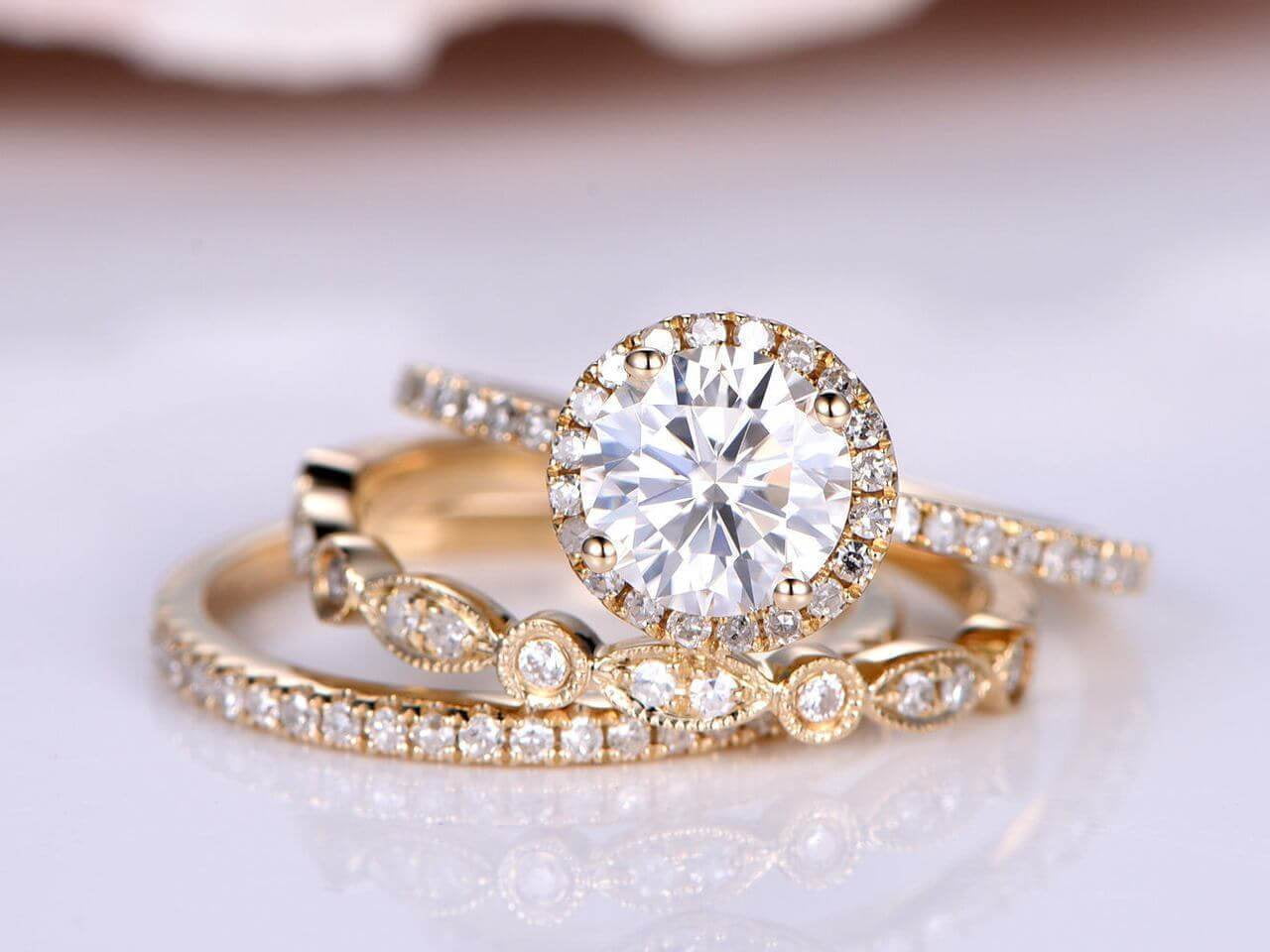 2.75 Carat Moissanite Diamond Bridal Trio Ring Set with 18k Gold ...