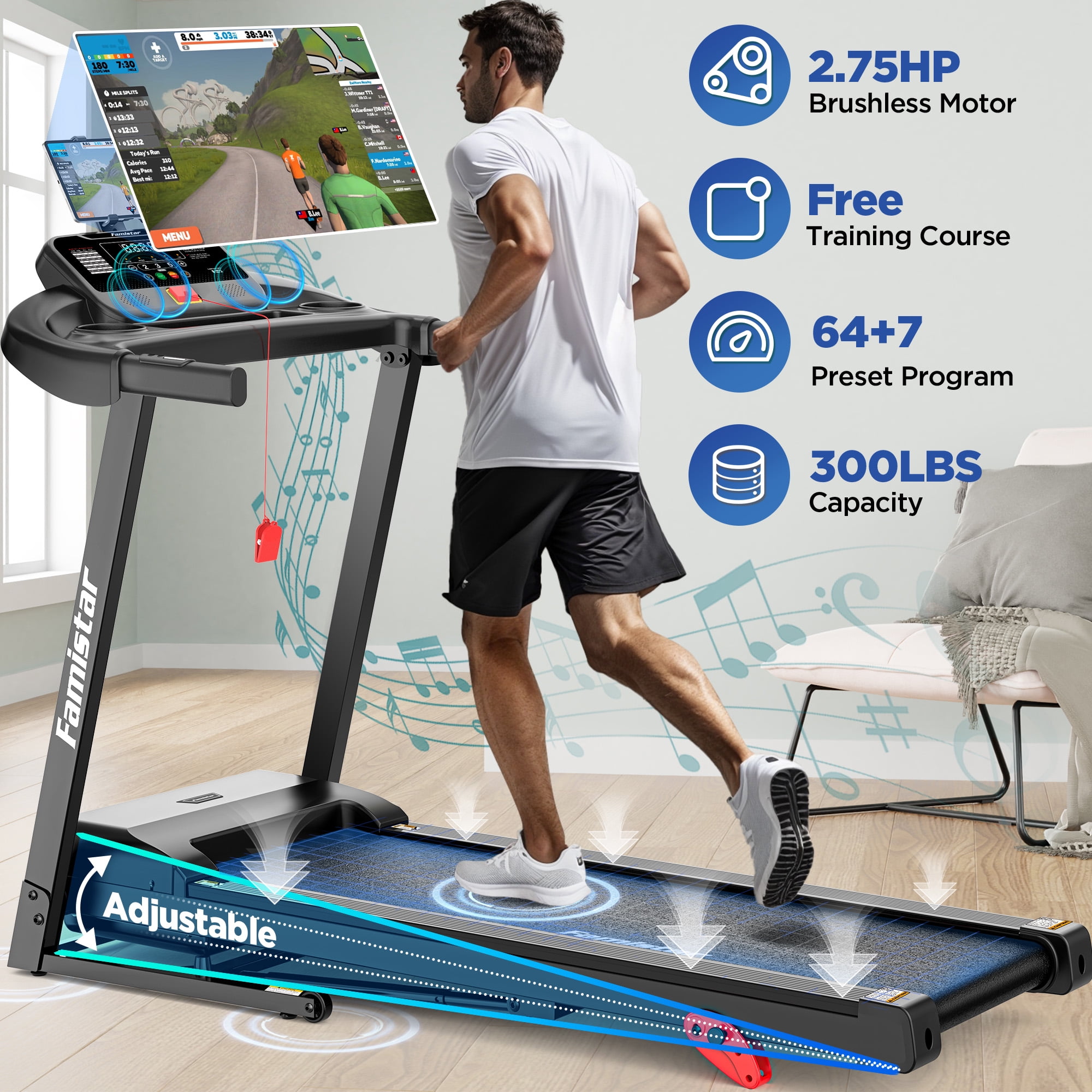 2.75HP Folding Treadmill with 300lb Capacity, 3 Adjustable Incline, 64 ...