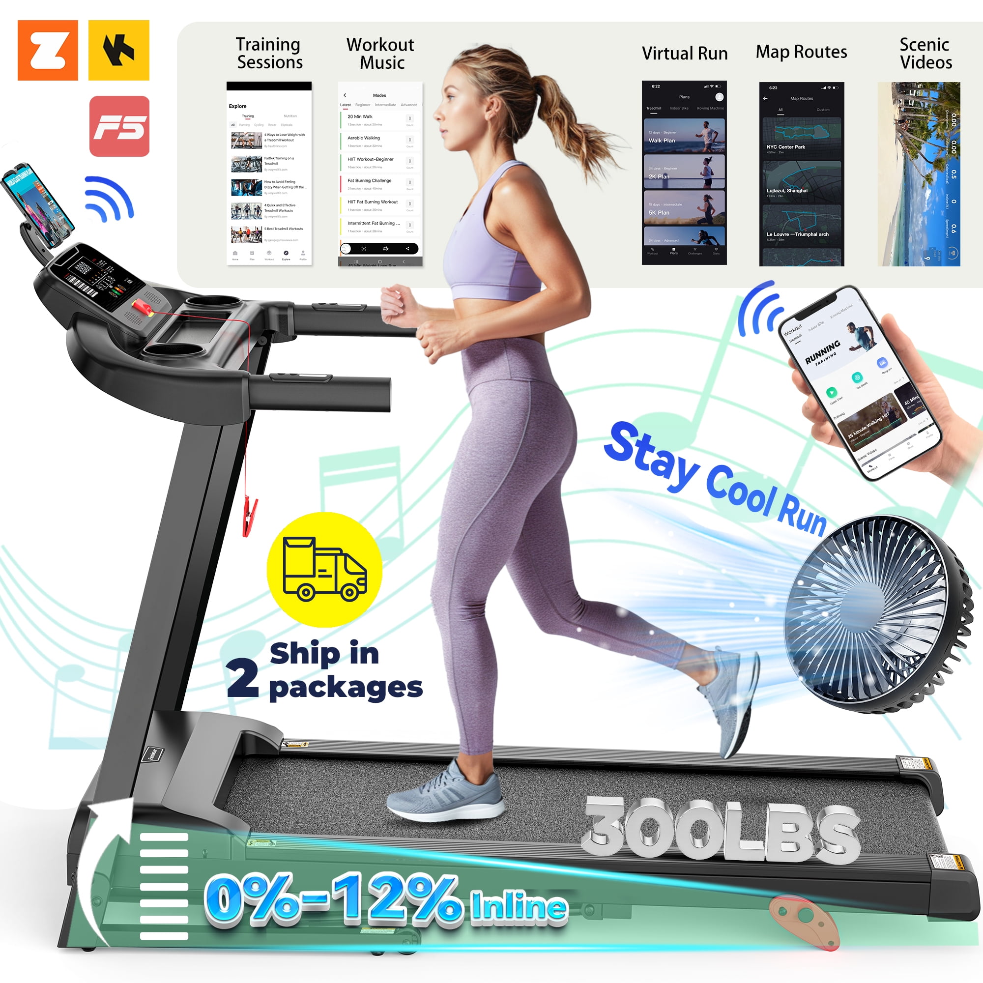 3.75HP Folding Treadmill with 300lbs Capacity, 71 Programs Treadmill ...