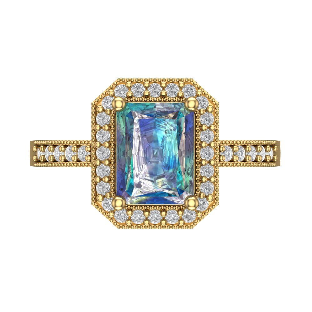 2.78 ct Emerald Cut Blue Moissanite with Simulated Diamond Halo Accents ...