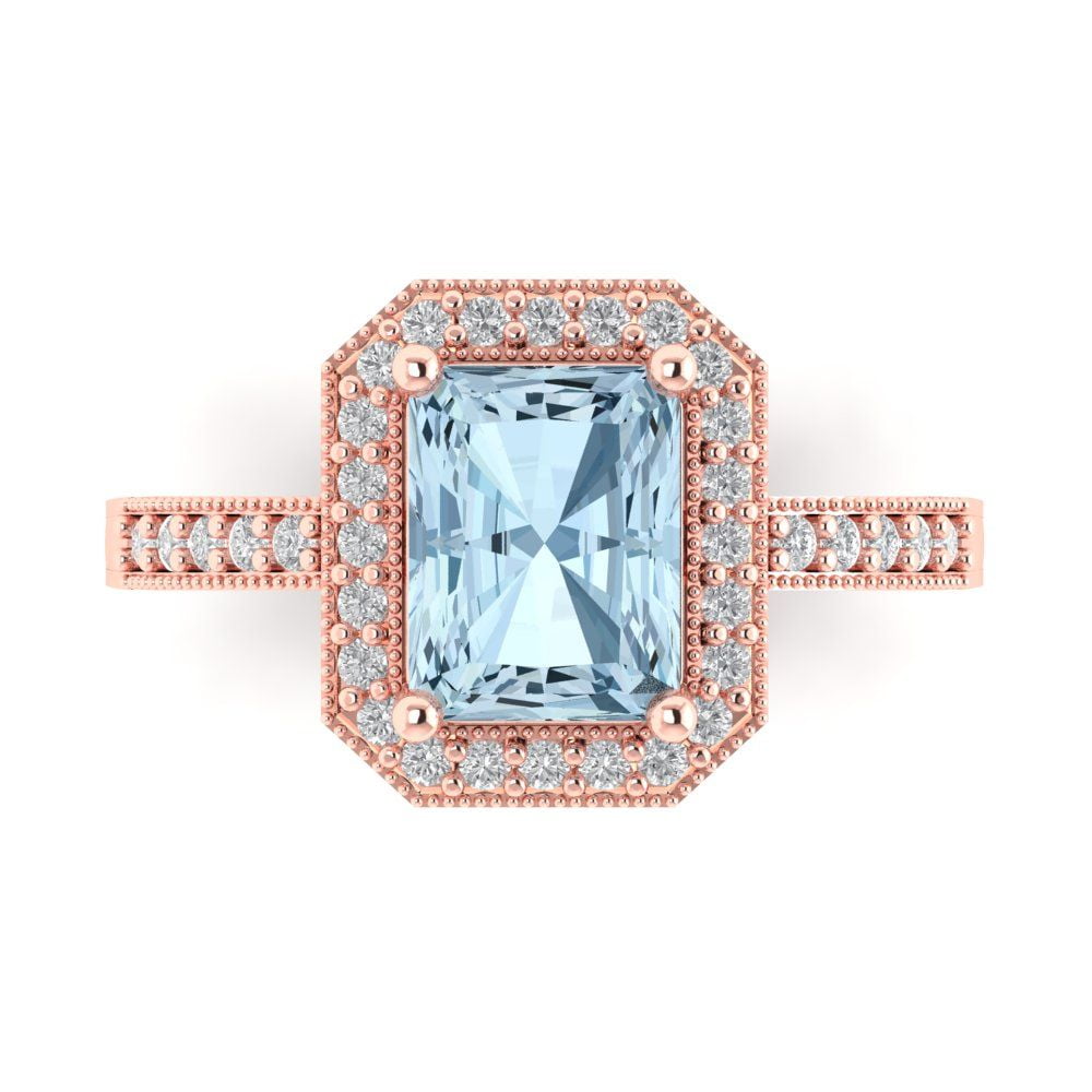 2.78 ct Emerald Cut Natural Aquamarine with Simulated Diamond Halo Accents 18K Rose Gold Womens ...