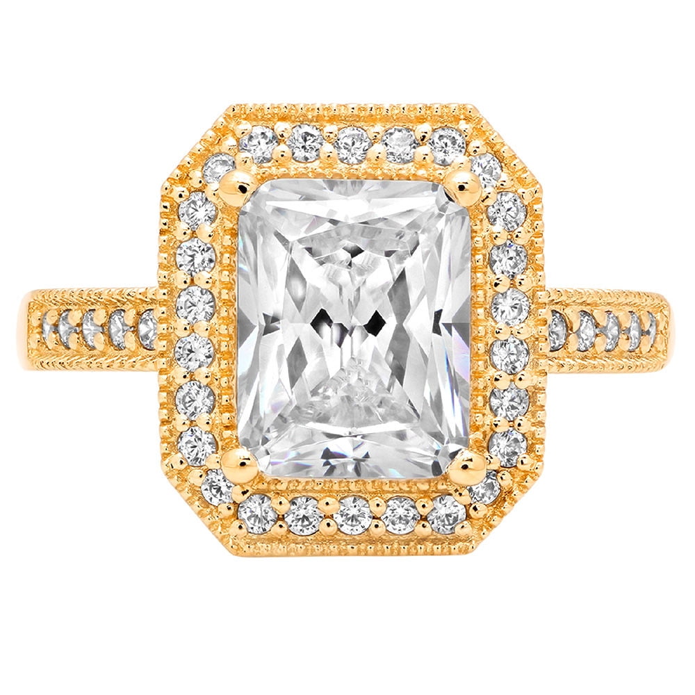 2.78 ct Emerald Cut Simulated Diamond Halo 18K Yellow Gold Womens ...