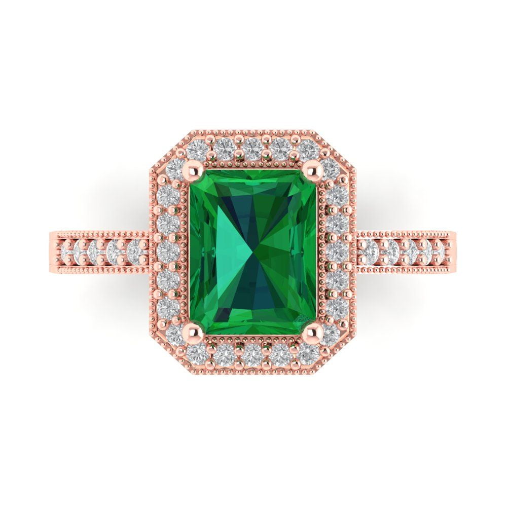2.78 ct Emerald Cut Simulated Emerald with Simulated Diamond Halo Accents 18K Rose Gold Womens ...