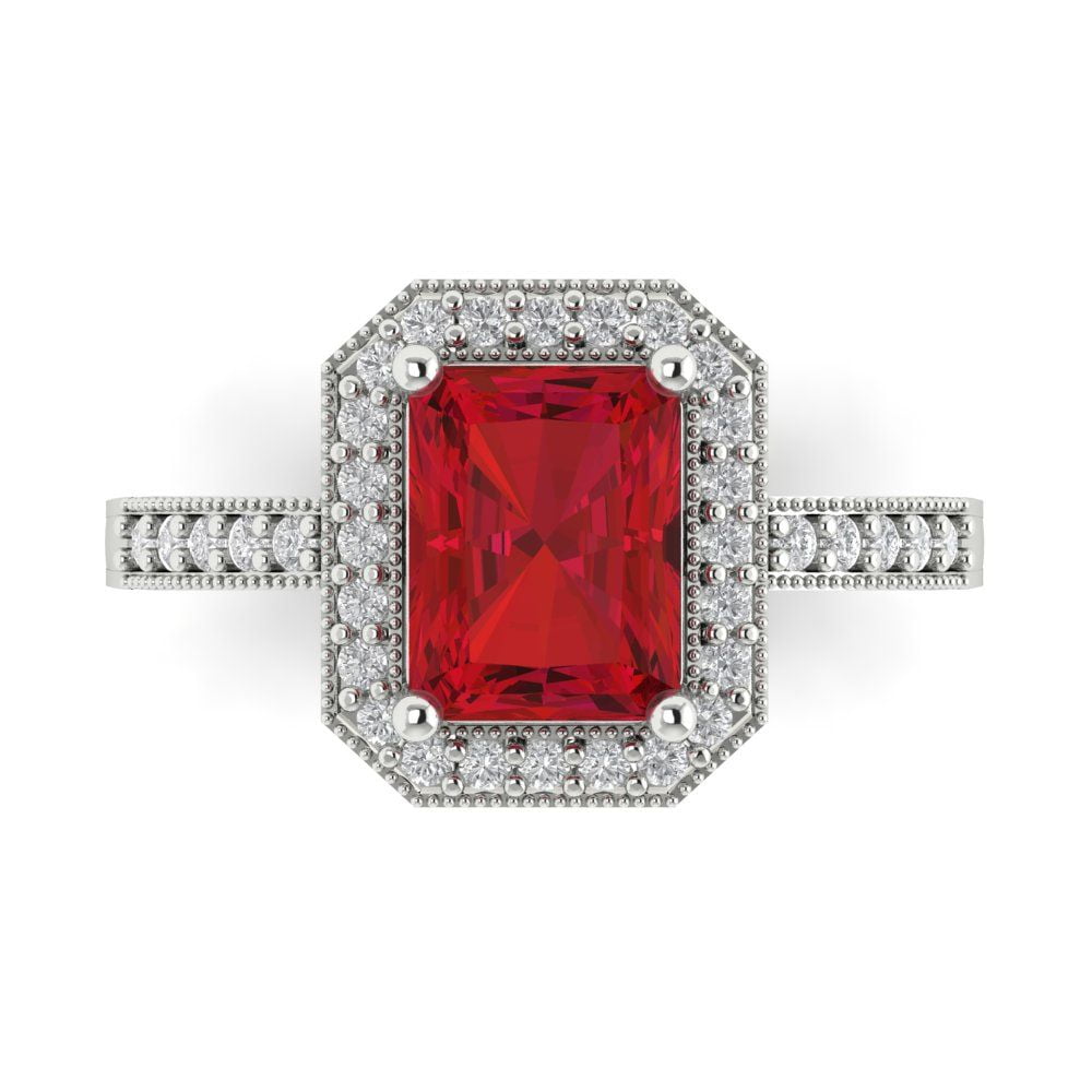 2.78 ct Emerald Cut Simulated Ruby with Simulated Diamond Halo Accents 14K White Gold Womens ...