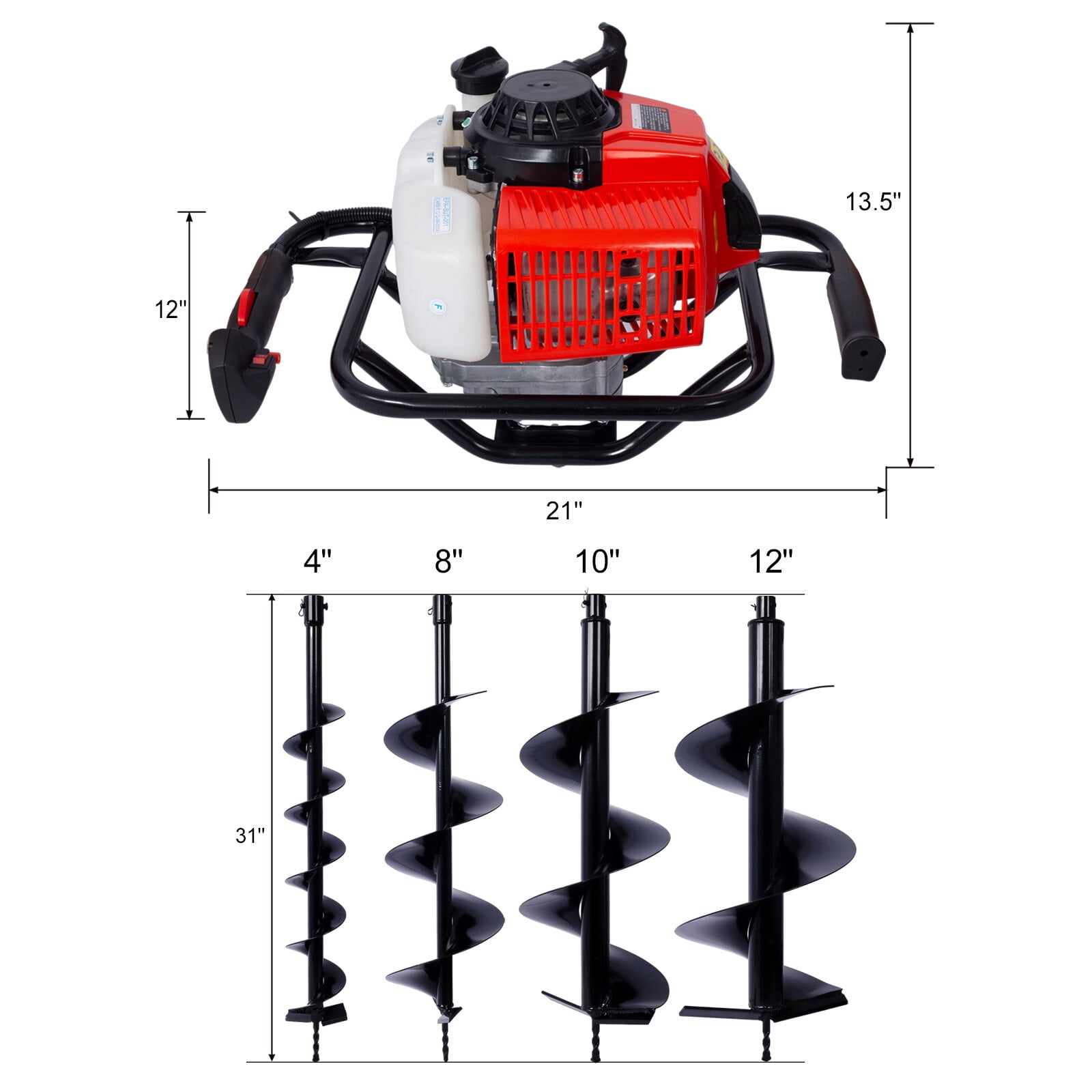 2.7HP Post Hole Digger 63cc Gas-Powered 2-Stroke Auger Digging Drill ...