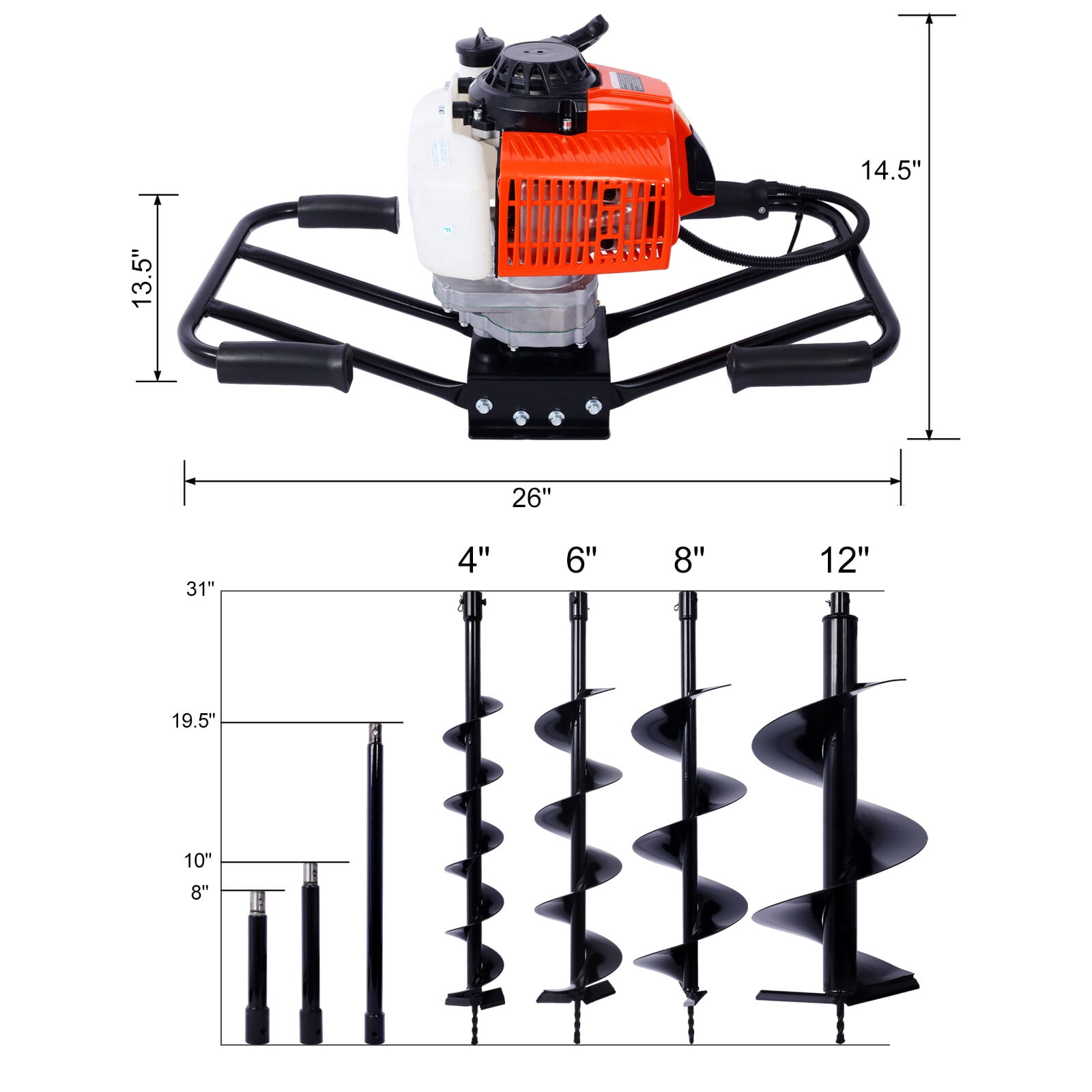 2.7HP Post Hole Digger 63cc two person handle Gas-Powered 2-Stroke ...