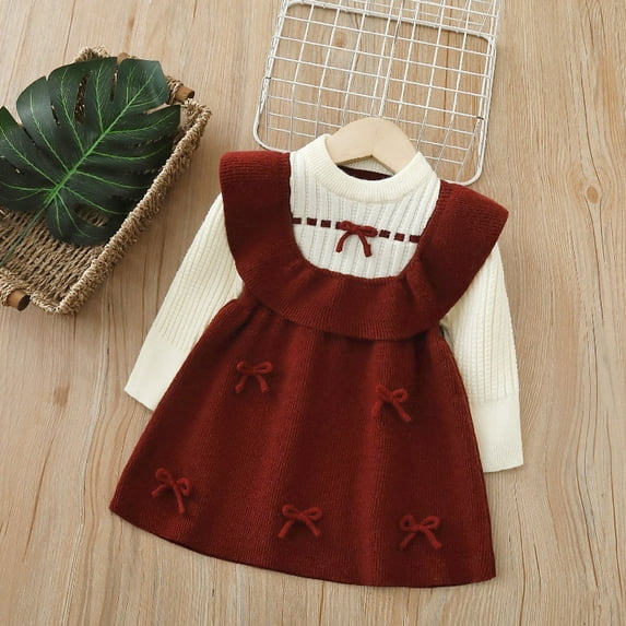 2-7Y Dresses Bow Decoration Girls Knit Dresses A Line Sweater Dresses O ...