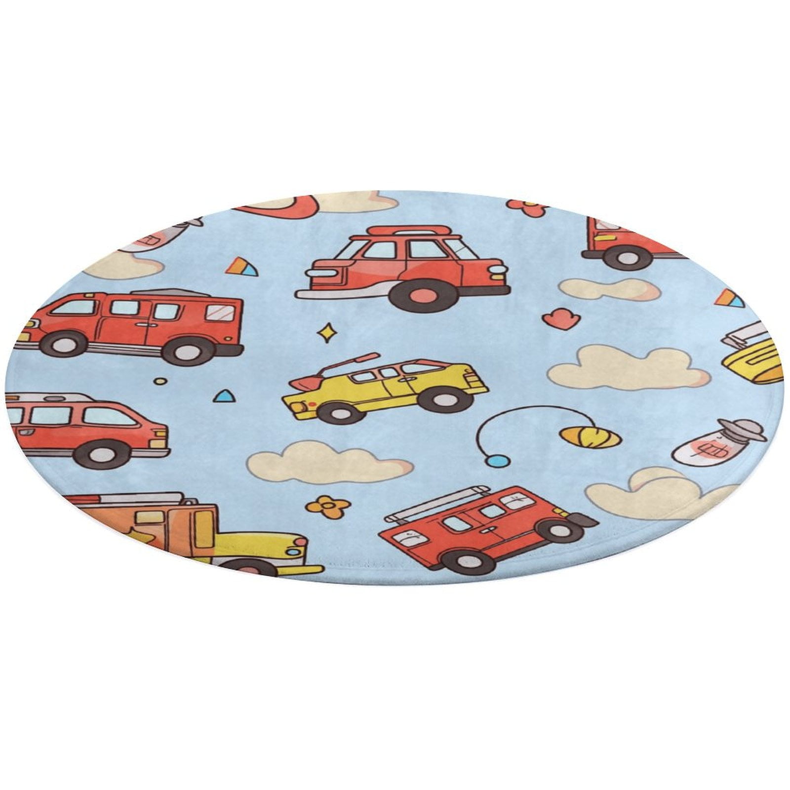 2.7ft Fire Engine Car Truck Ultra-Thin Washable Round Rug - Non Slip ...