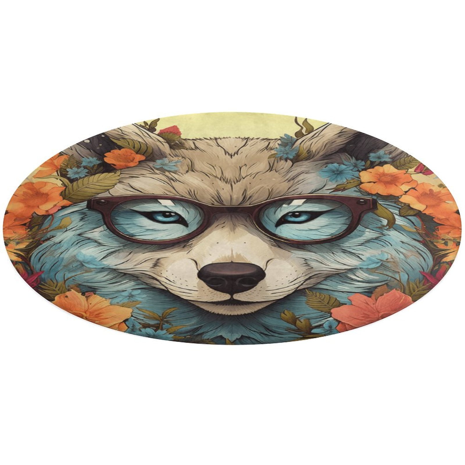 2.7ft Funny Glasses Wolf Ultra-Thin Washable Round Rug - Non Slip Non ...