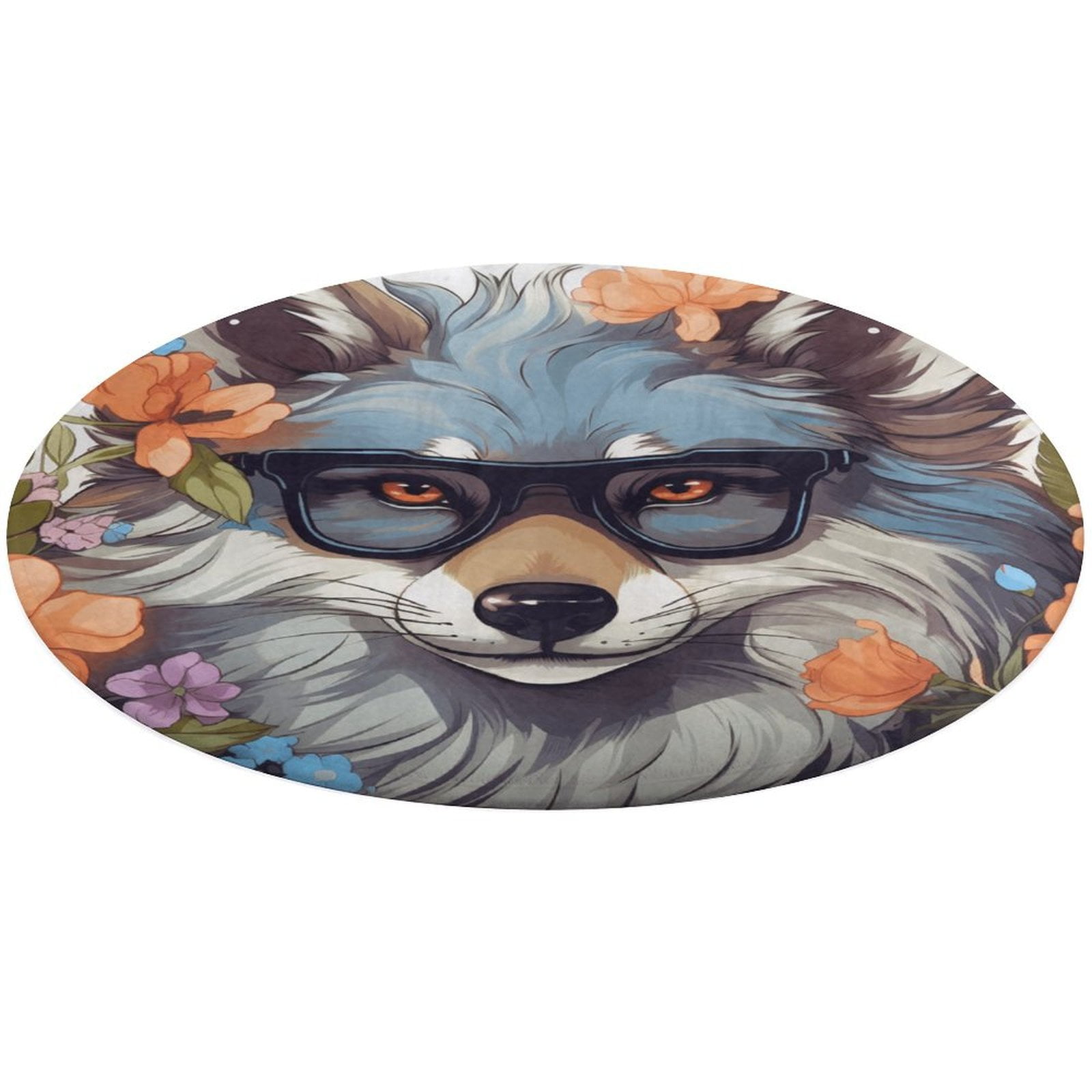 2.7ft Funny Glasses Wolf Washable Circular Carpet And Anti Slip Carpet ...
