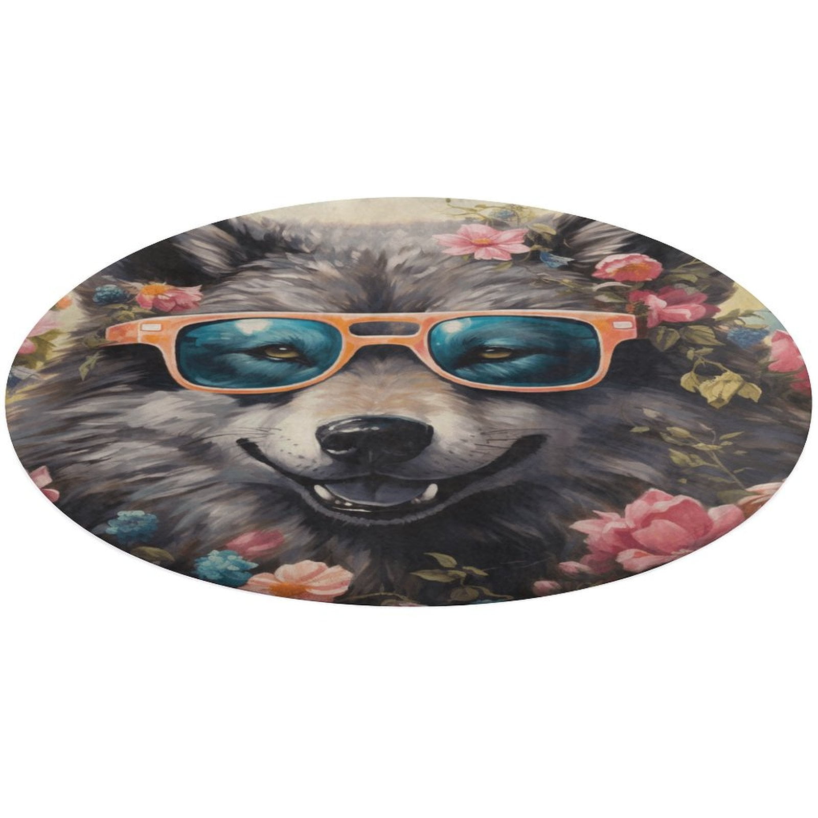 2.7ft Funny Glasses Wolf Washable Circular Carpet And Anti Slip Carpet ...