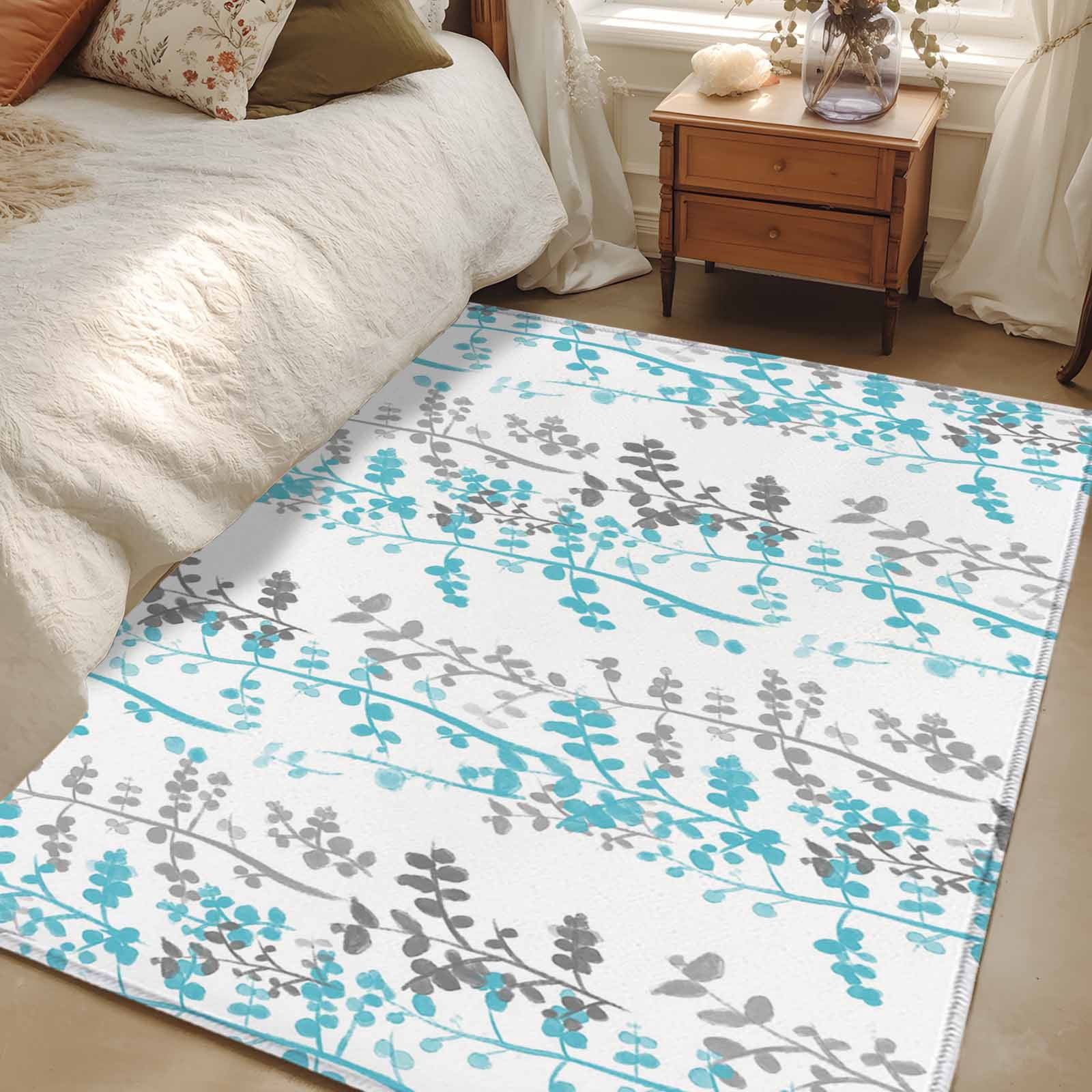2.7x5 Area Rugs, Aqua Grey Botanical Non-Skid Rubber Backing Large ...
