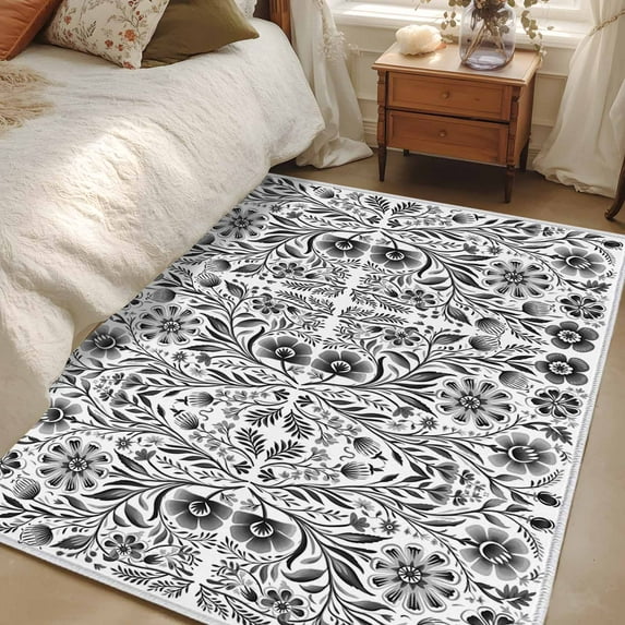 2.7x5 Area Rugs, Black Grey Boho Non-Skid Rubber Backing Large ...