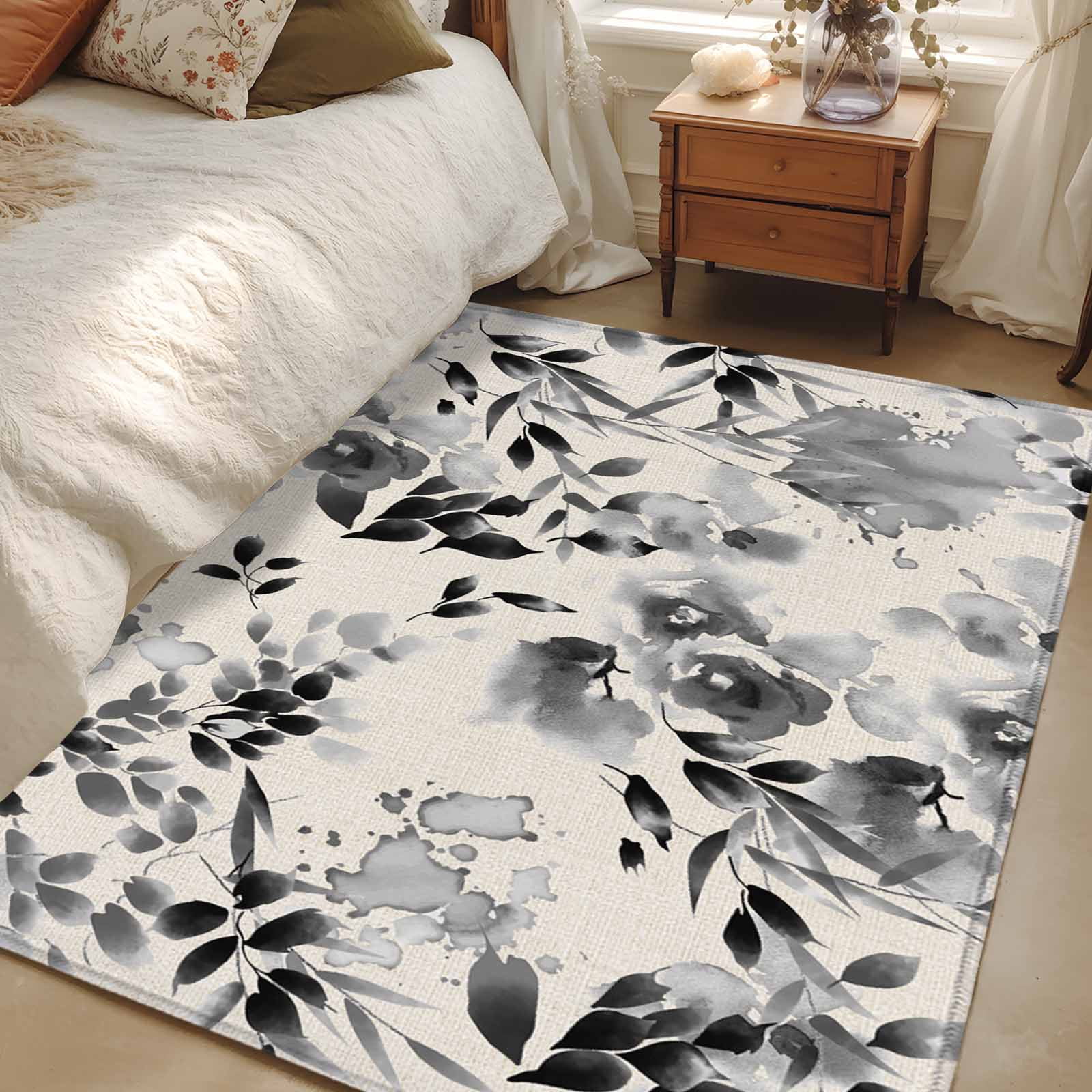 2.7x5 Area Rugs, Black Grey Spring Floral Non-Skid Rubber Backing Large ...
