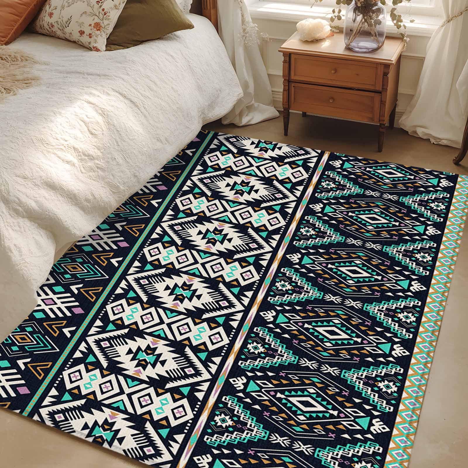 2.7x5 Area Rugs, Black Teal Purple Southwestern Non-Skid Rubber Backing ...
