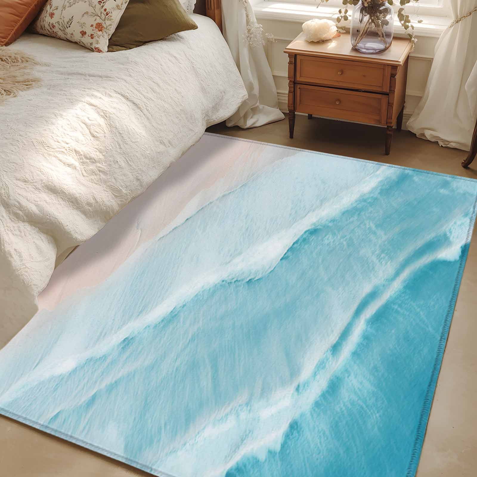 2.7x5 Area Rugs, Blue Coastal Wave Non-Skid Rubber Backing Large ...
